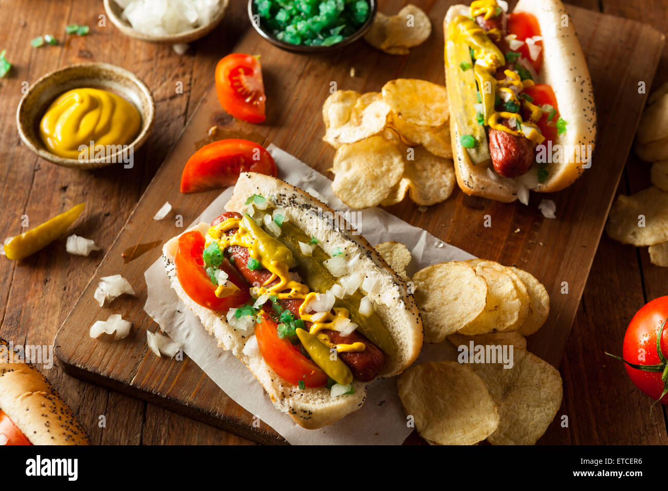 Homemade Chicago Style Hot Dog with Mustard Relish Tomato and Onion ...