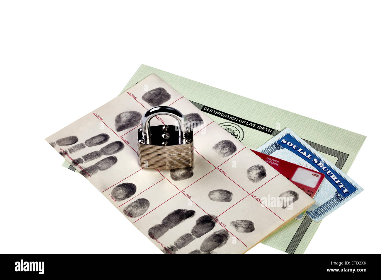 Fingerprint card, driver's license, social security card and birth ...