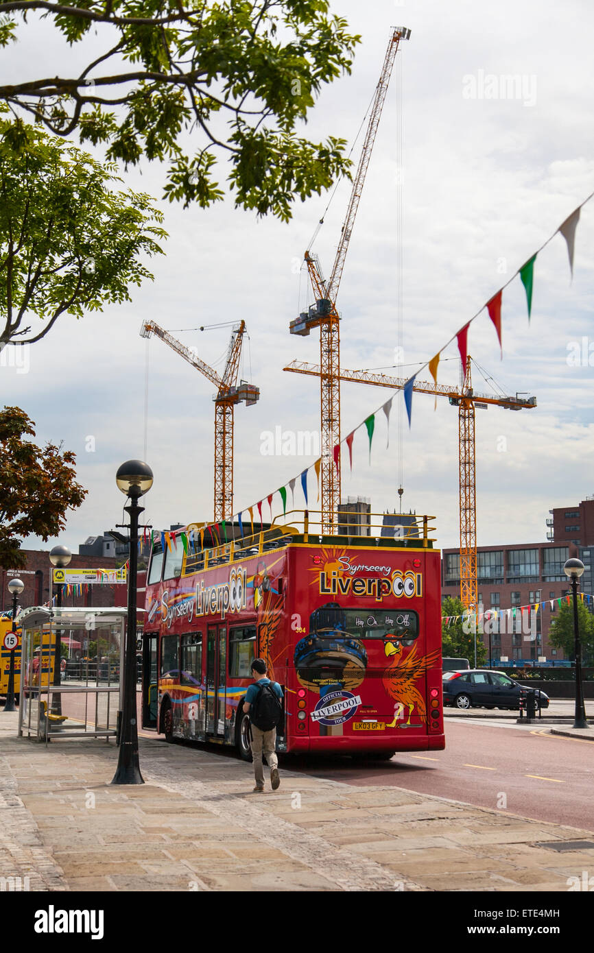 Sightseeing Bus, and construction site visible from Dockside, Liverpool ...