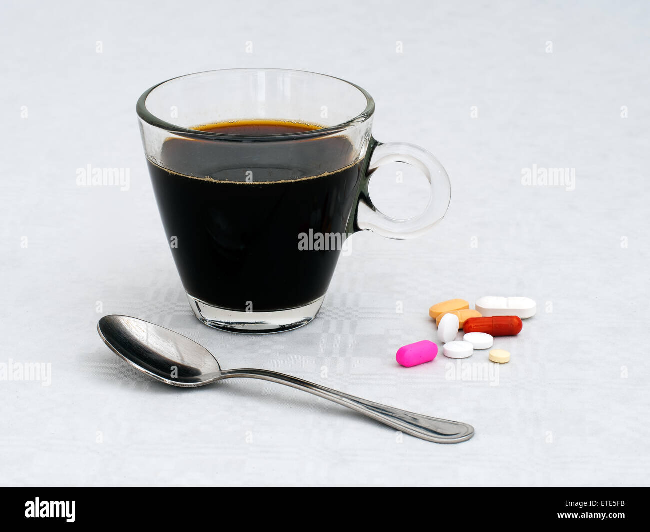 Morning medication breakfast. Dependency on drugs, concept Stock Photo ...