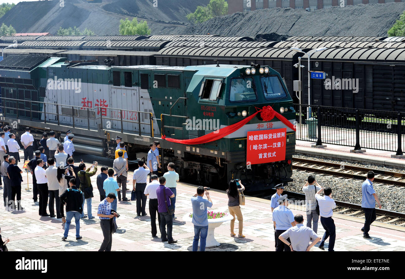 Harbin. 13th June, 2015. The first freight train linking Harbin and ...