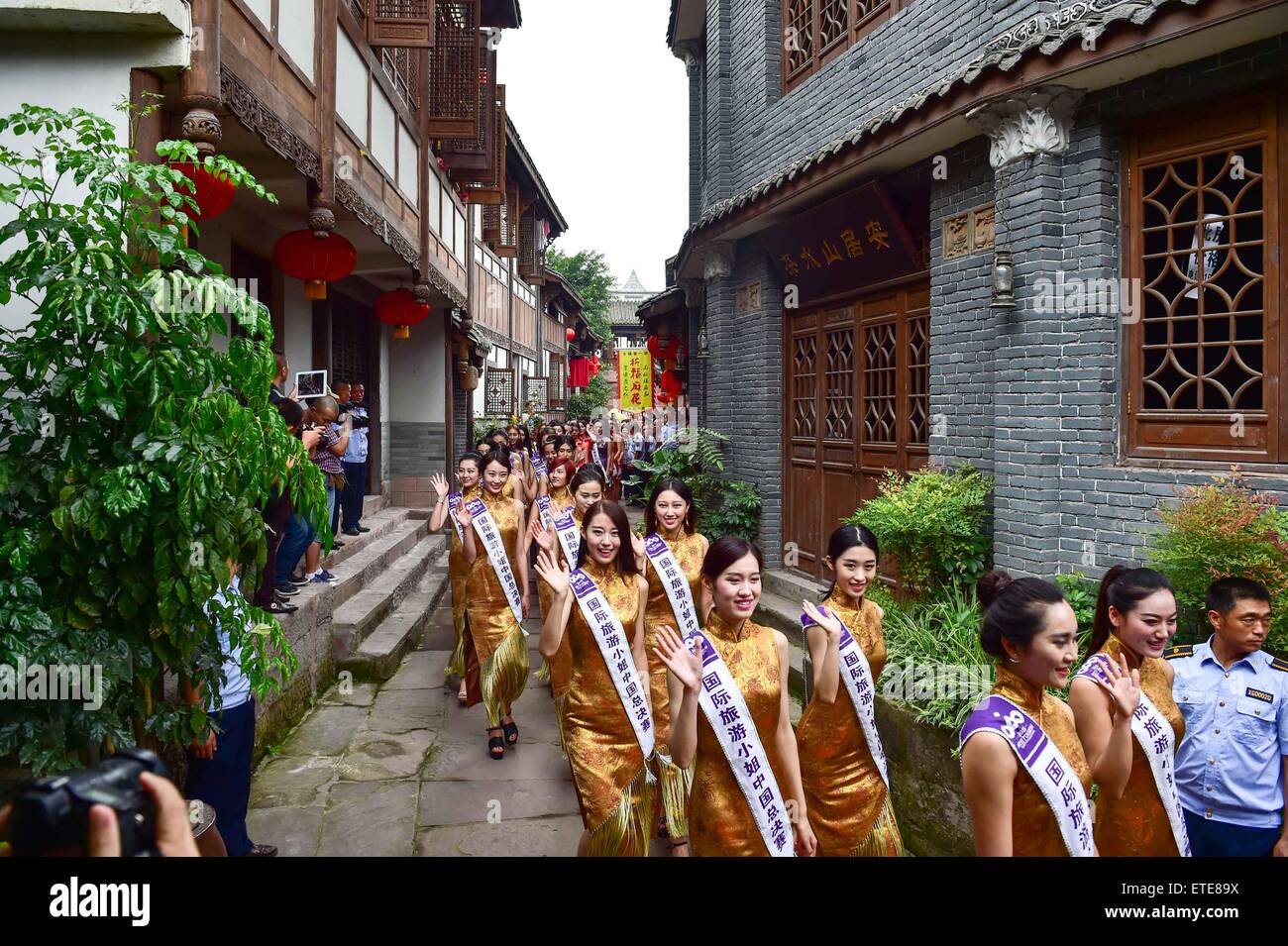 Chongqing. 12th June, 2015. Contestants of the 2015 Miss Tourism Queen ...
