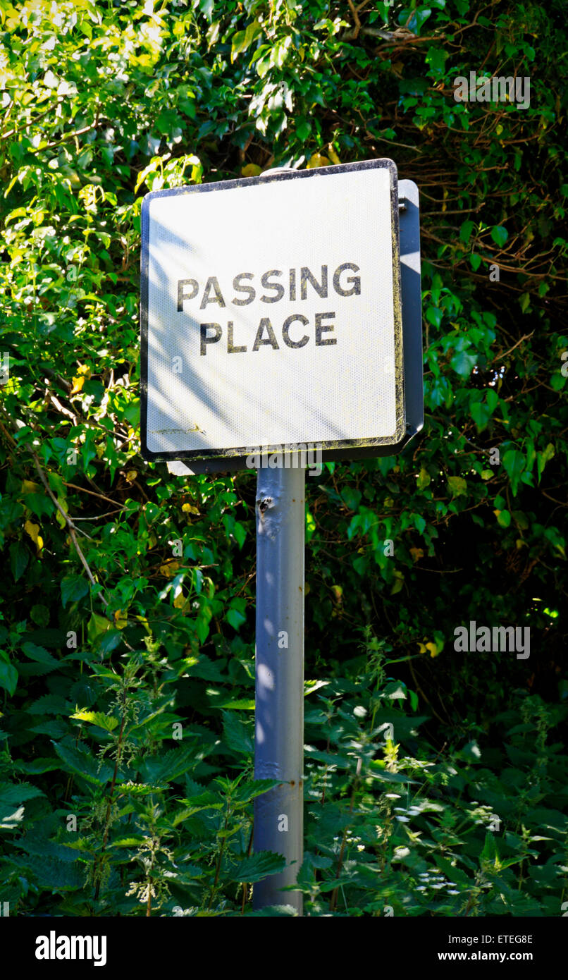 A Passing Place sign on a narrow country land at Keswick, near Norwich ...