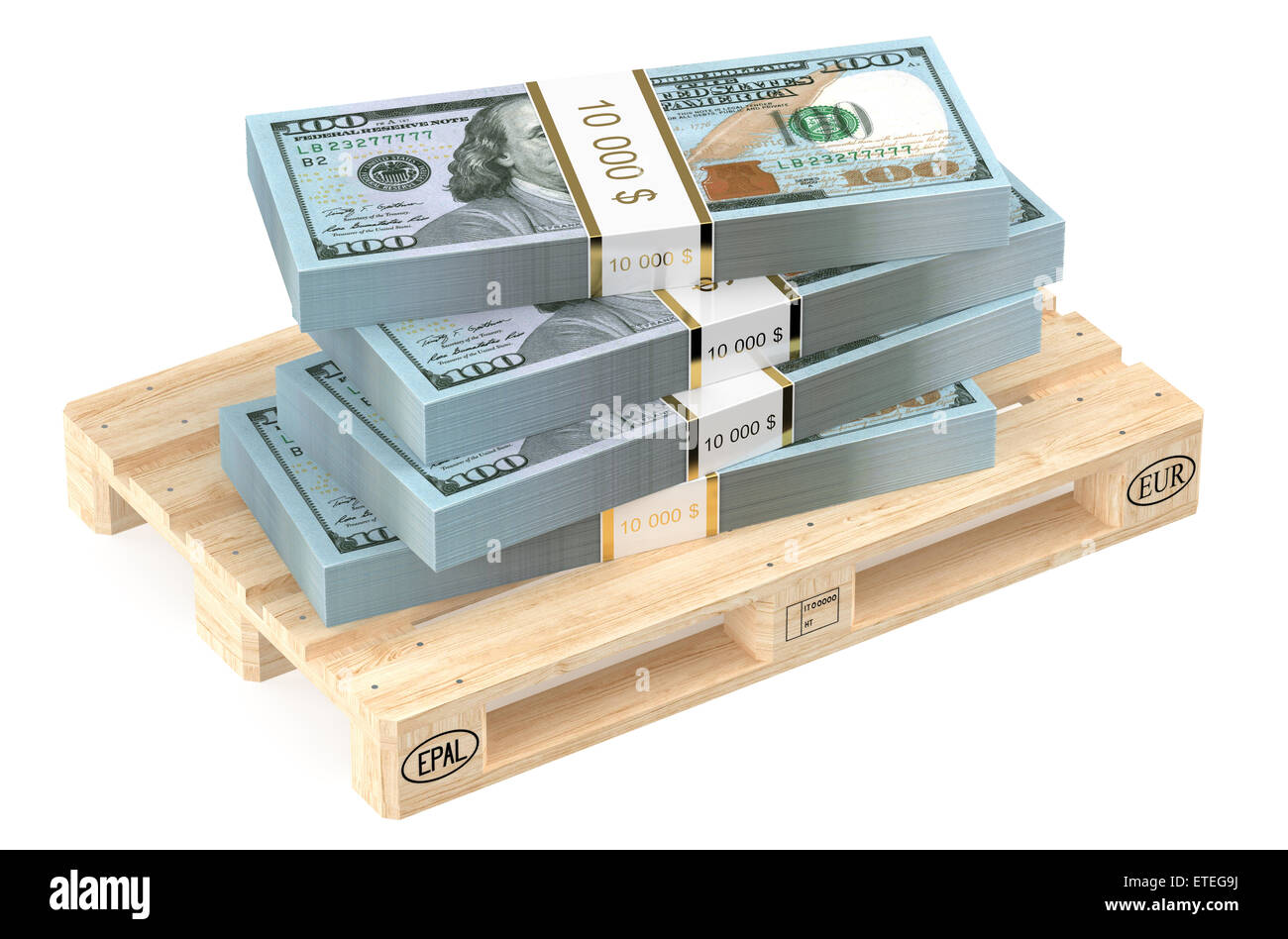 packs of dollars on pallet isolated on white background Stock Photo - Alamy