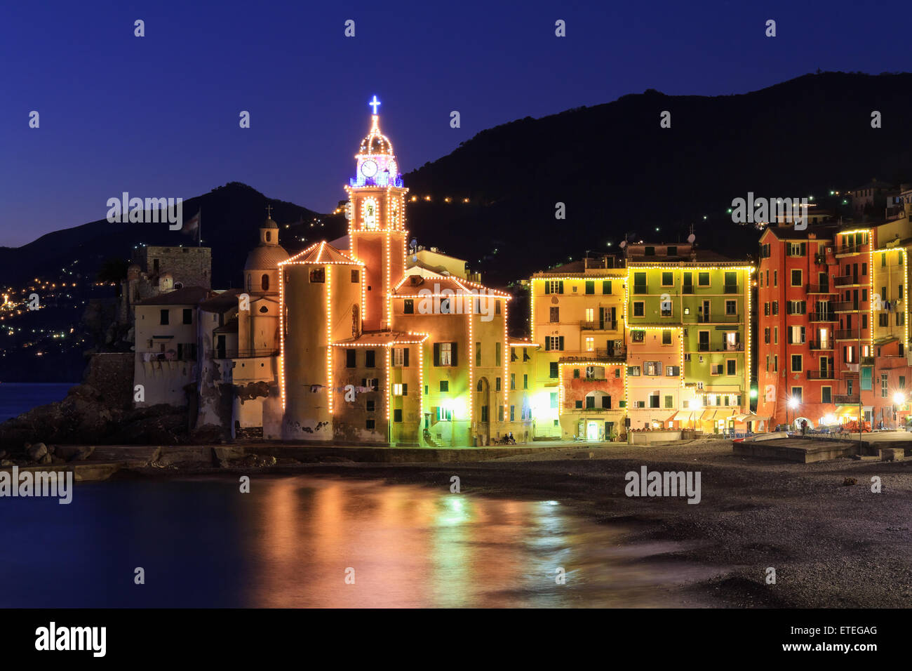 night scene in Camogli, famous small town in Liguria, Italy Stock Photo ...