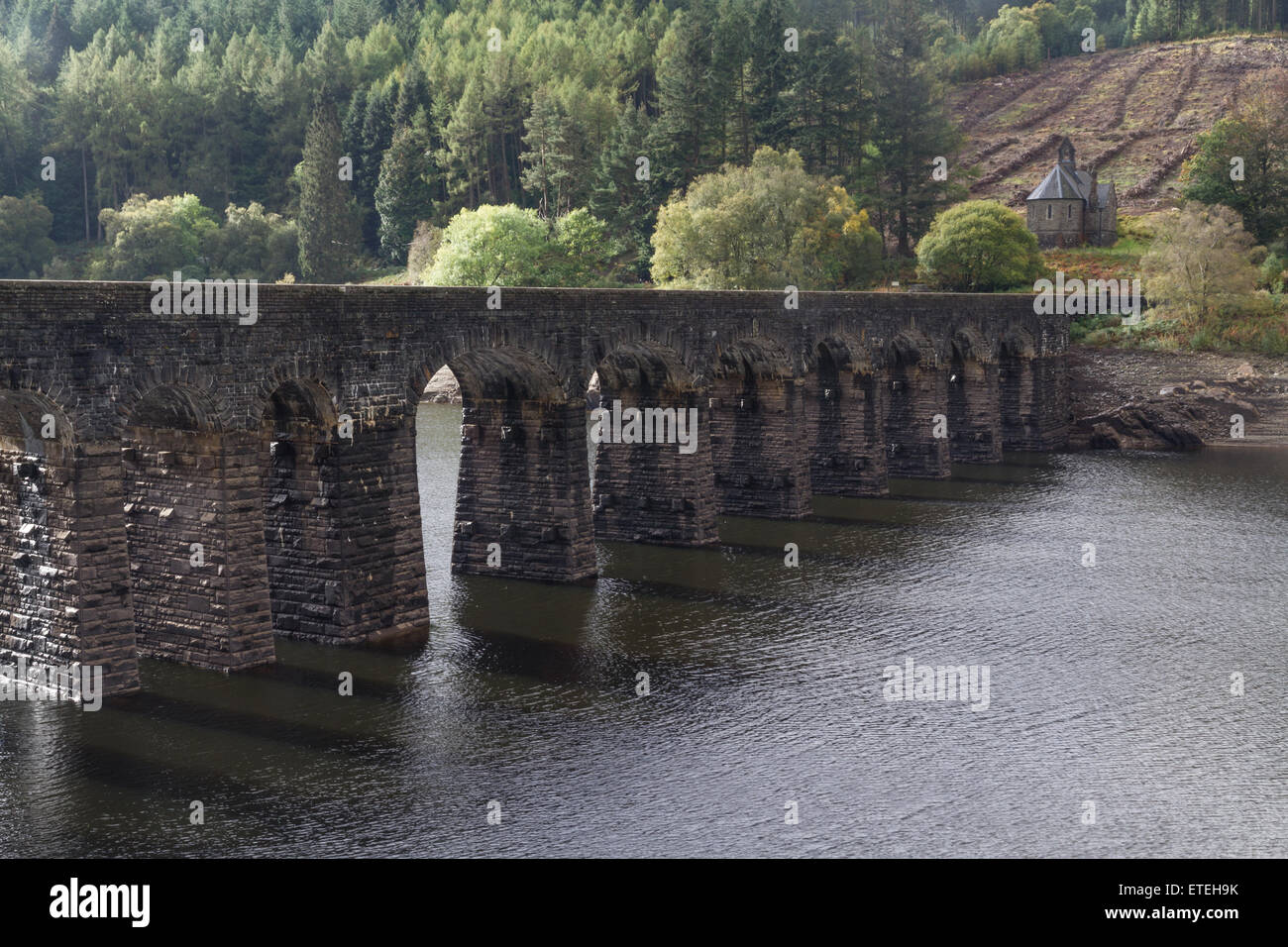 Arches of Submerged Dam, with road on top. Garreg-ddu Reservoir, Elan ...
