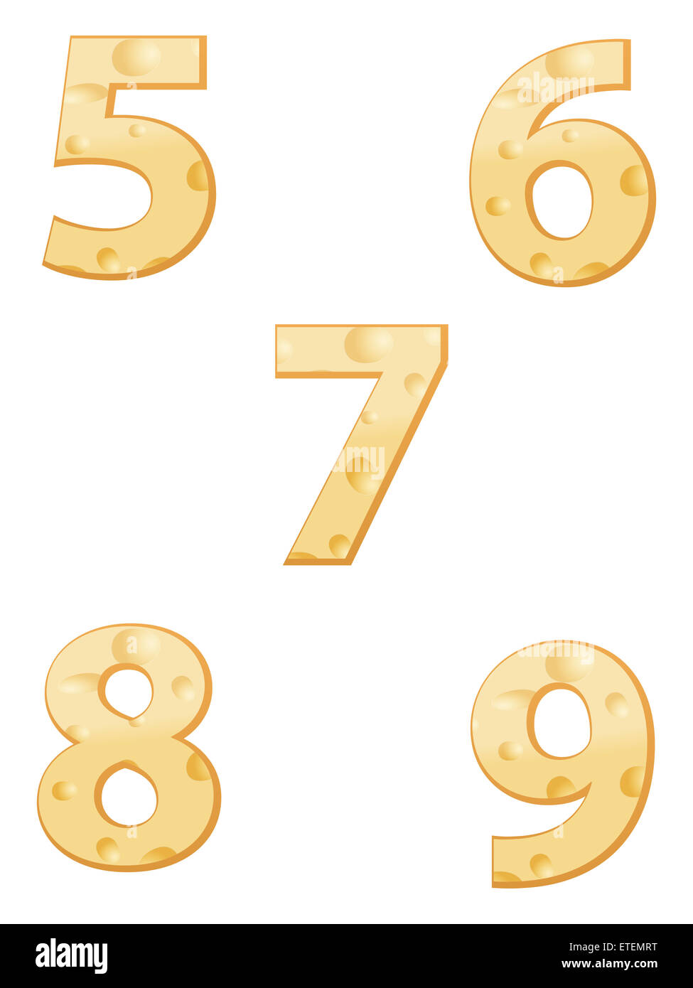 Cheese number 5 to 9 on a white background. Vector illustration Stock ...