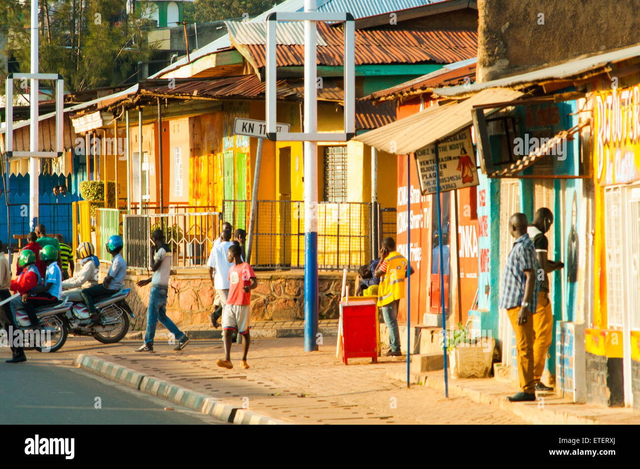 Street scene with brightly painted shops, Nyamirambo, Kigali, Rwanda ...
