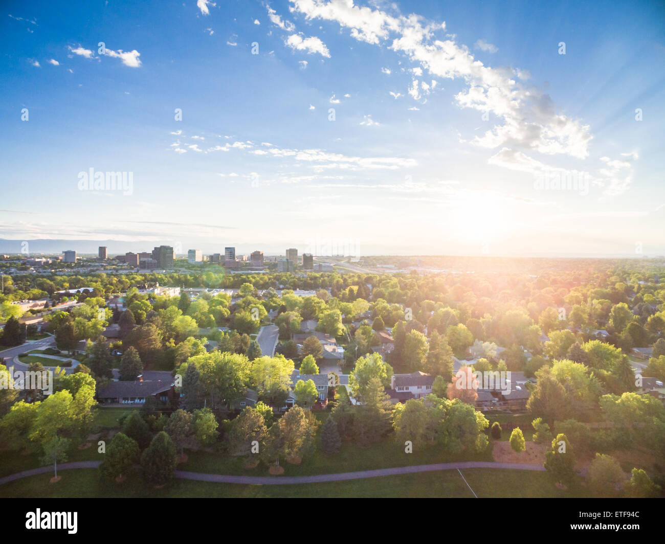 Aerial view of residential neighborhood with view to the mountains ...
