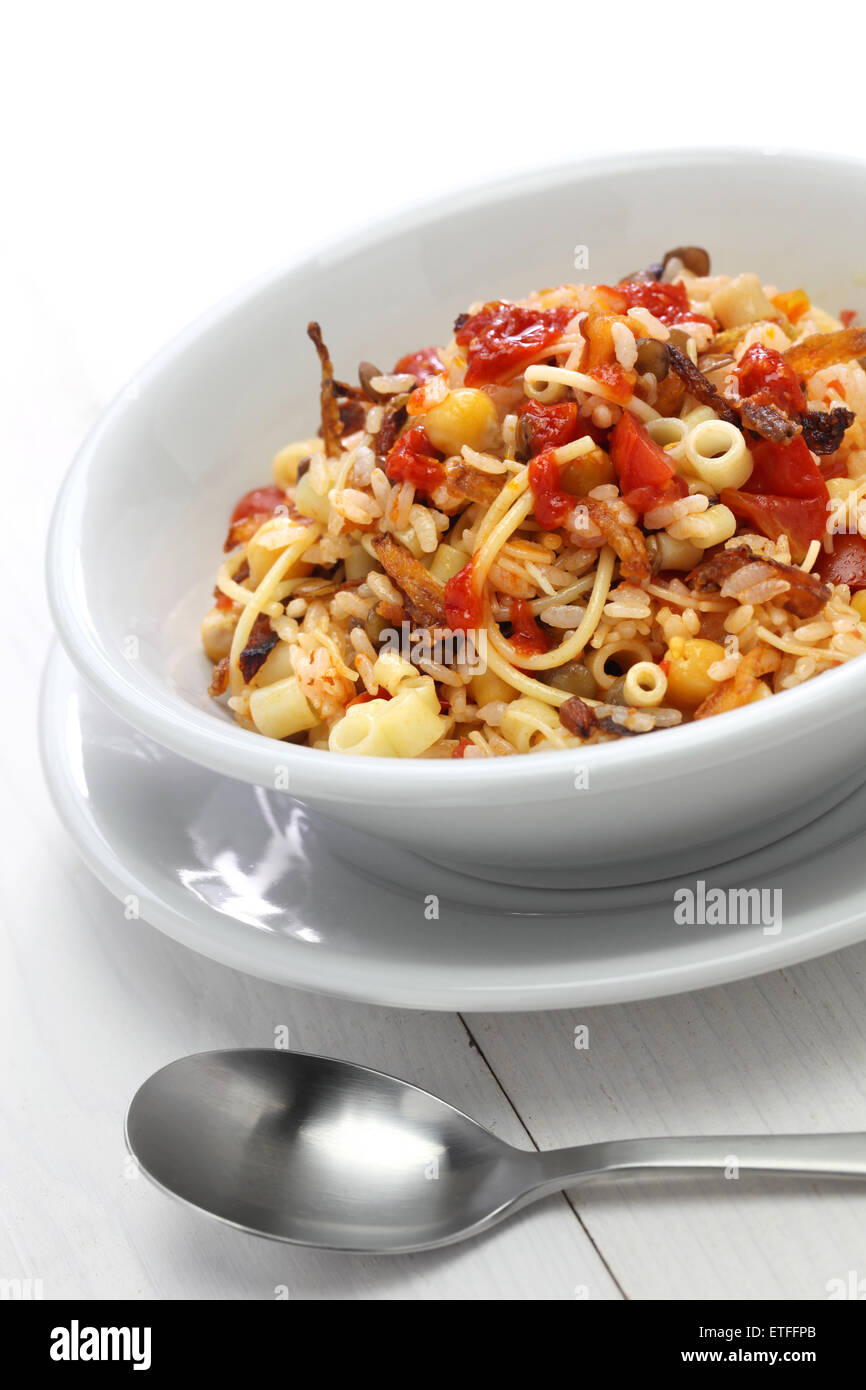 kushari, koshari, egyptian food isolated on white wooden background ...