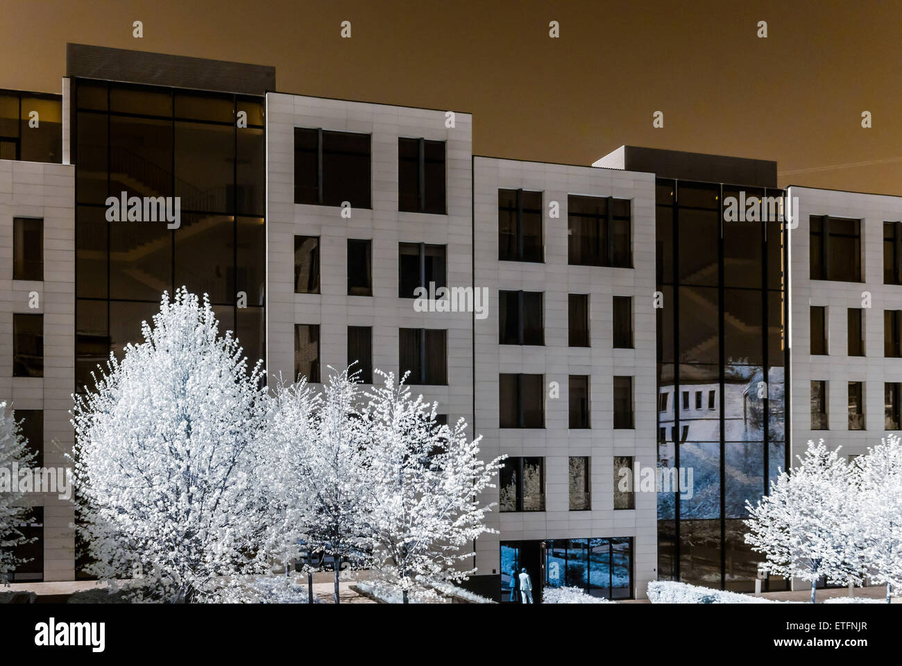 Modern style buildings in center of Moscow, infrared view, spring Stock ...