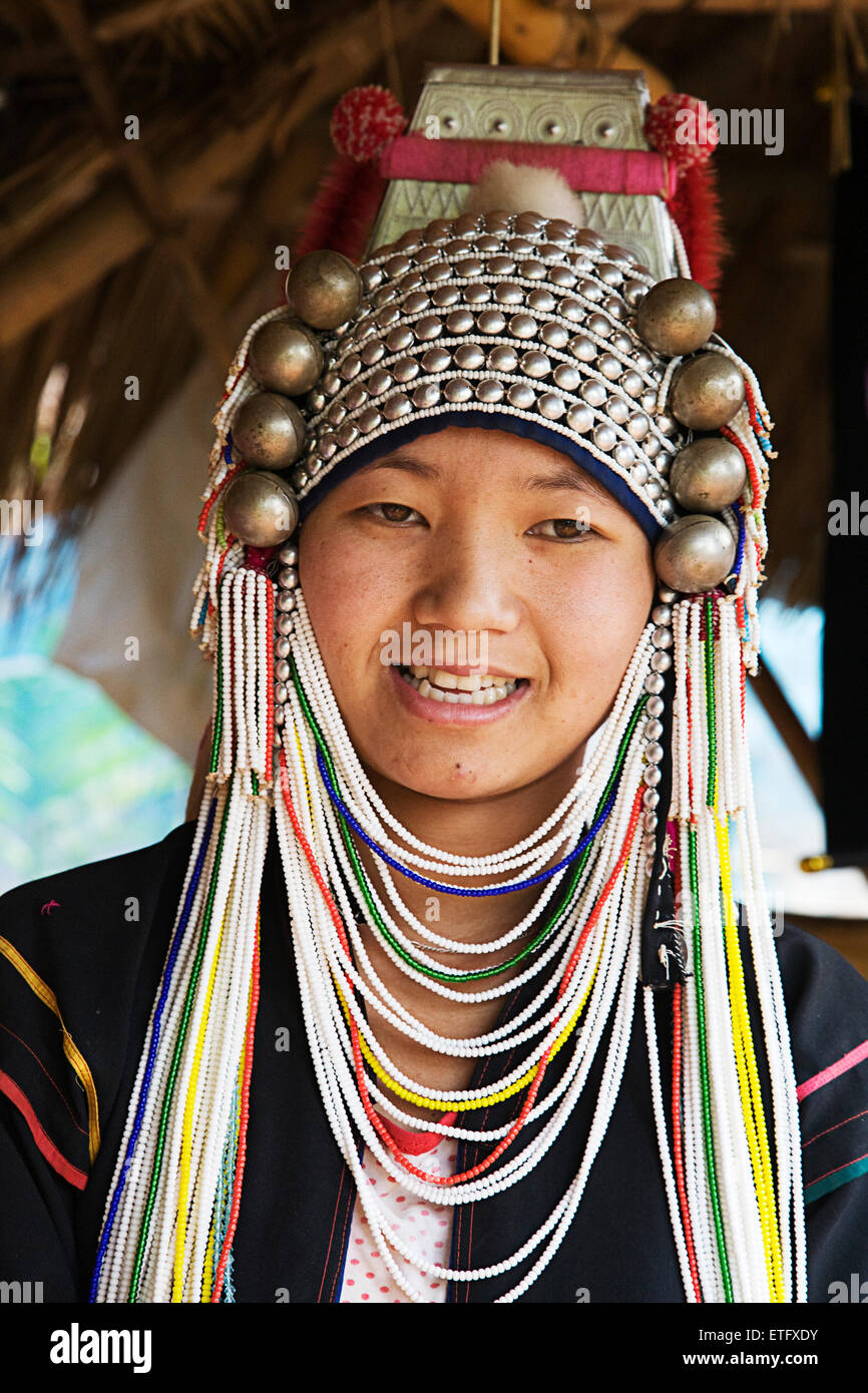 A woman intraditional costume from the hill tribes of Burma who is part ...