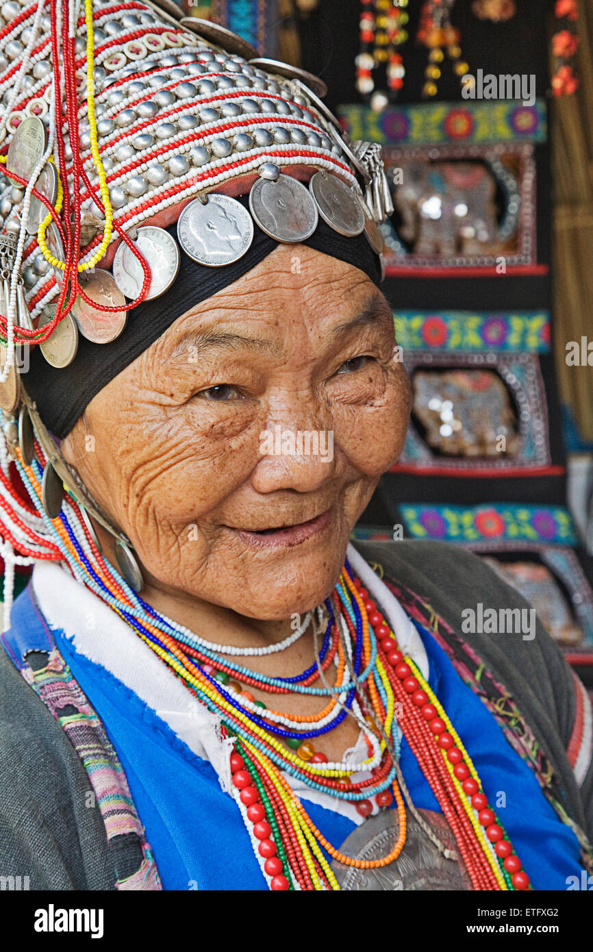 A colorful woman at the hill tribes settlement village near Chiang Rai ...