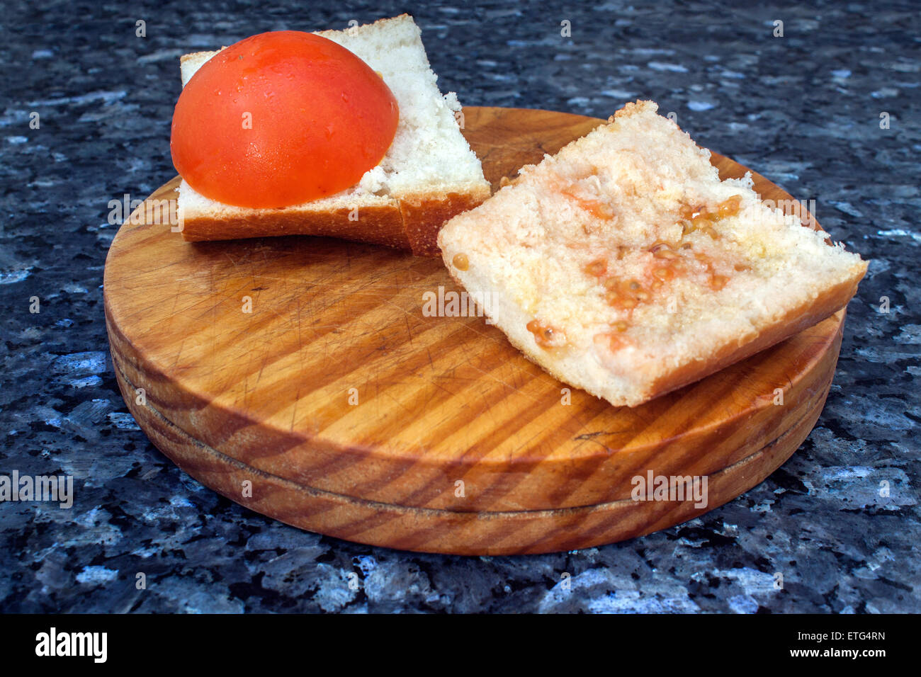 Traditional dish of Catalonia, Spain, made with bread, tomato and olive ...