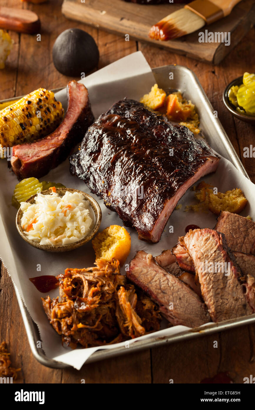 Barbecue Smoked Brisket and Ribs Platter with Pulled Pork and Sides ...