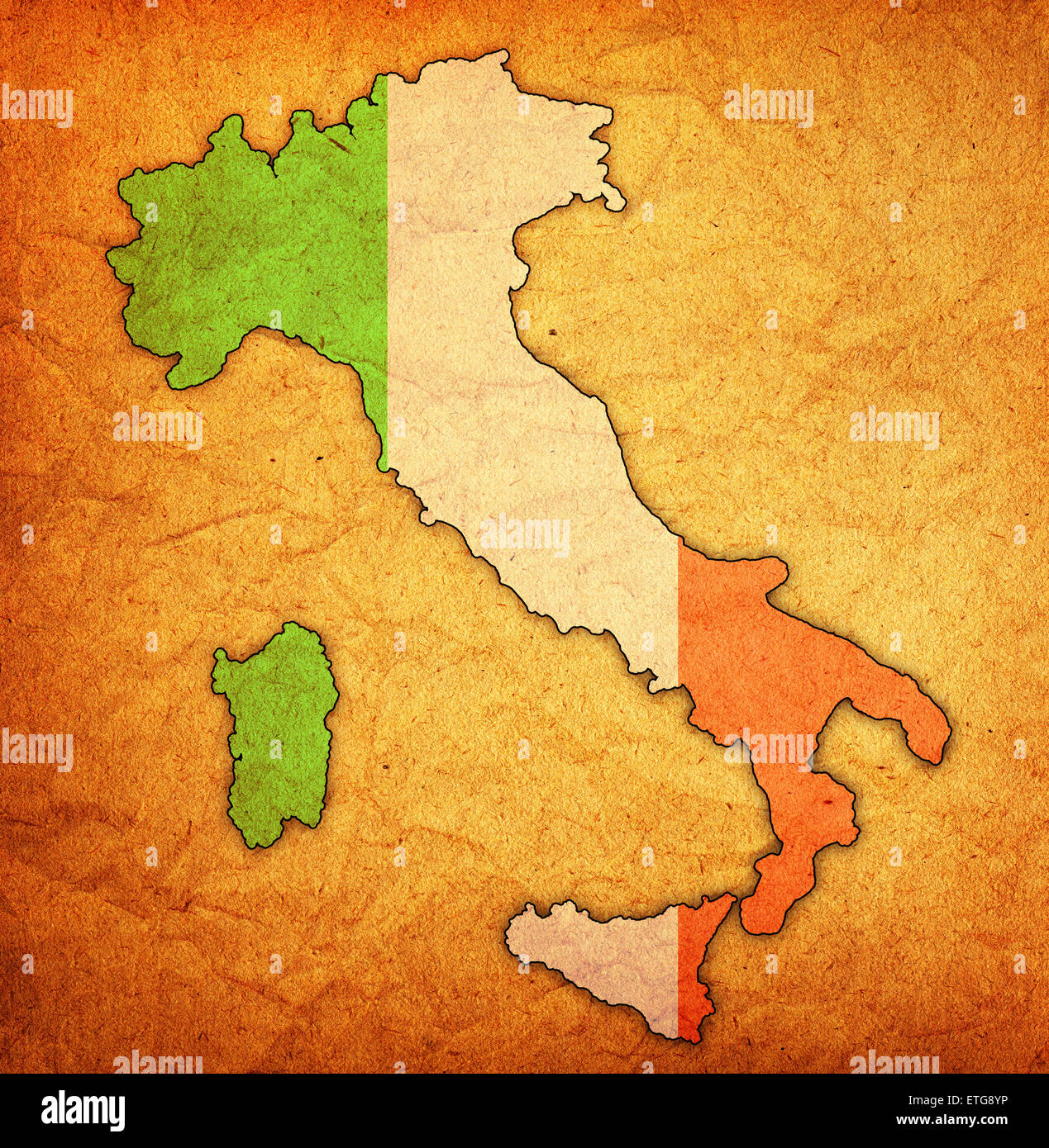 italy on old vintage map with flag Stock Photo - Alamy