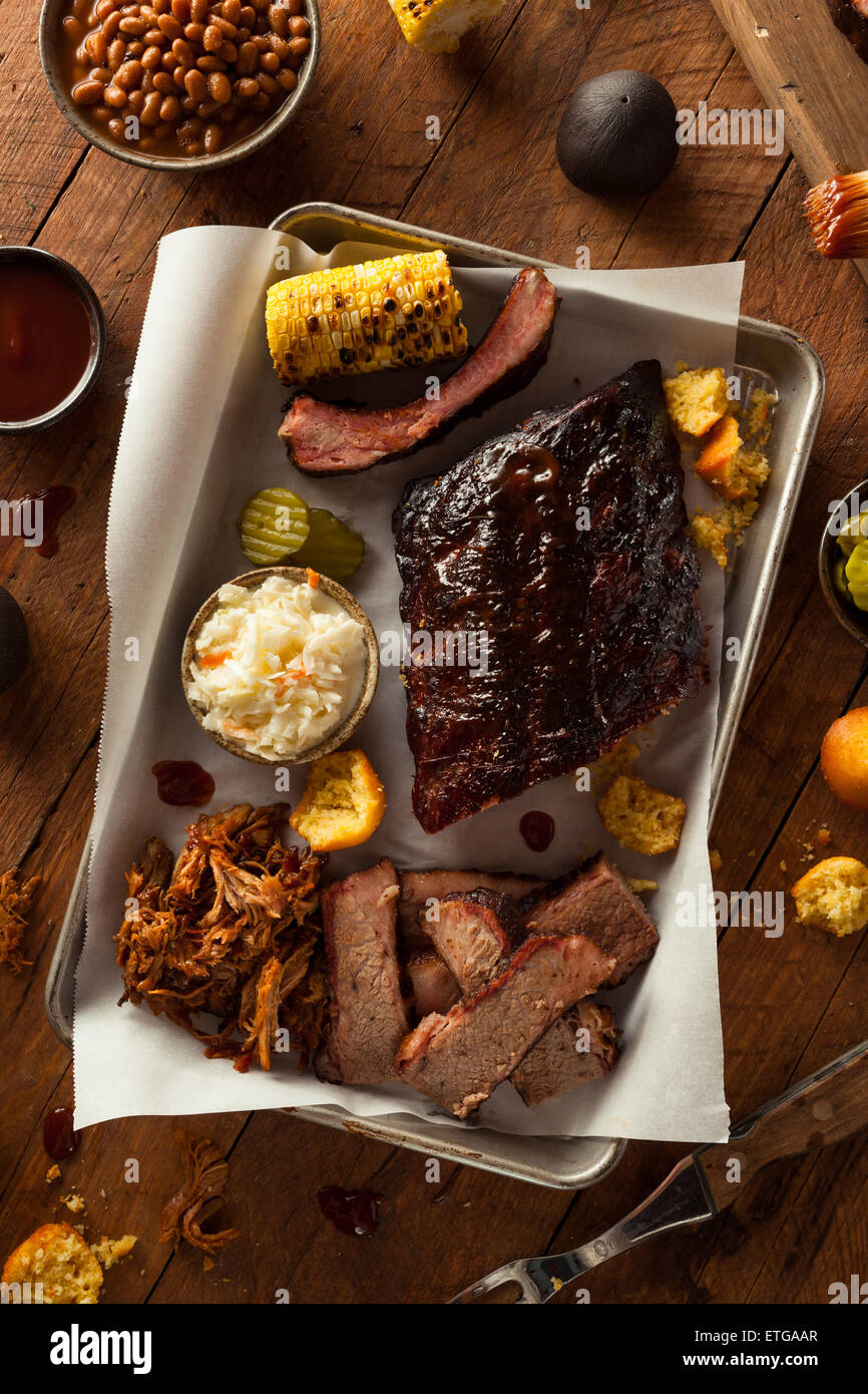 Barbecue Smoked Brisket and Ribs Platter with Pulled Pork and Sides ...