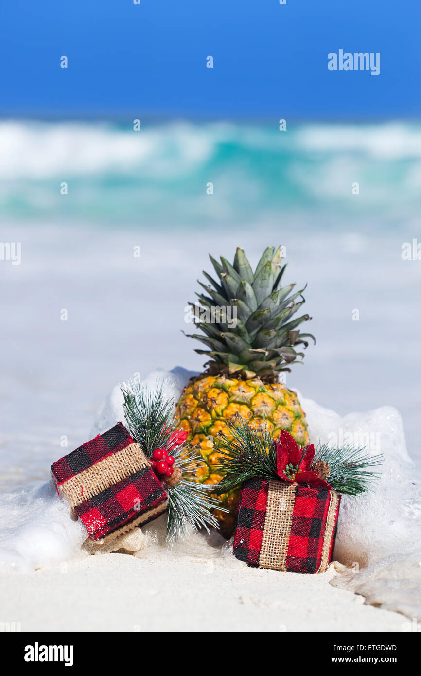 Tropical celebration on beach, present boxes and fresh pineapple in ...