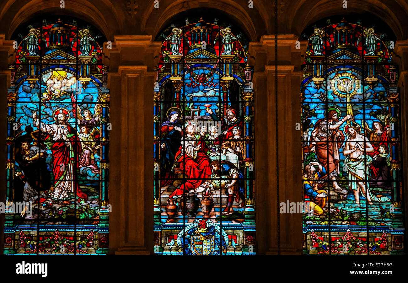 Stained glass window depicting Jesus casting away Lucifer, Jesus at the ...