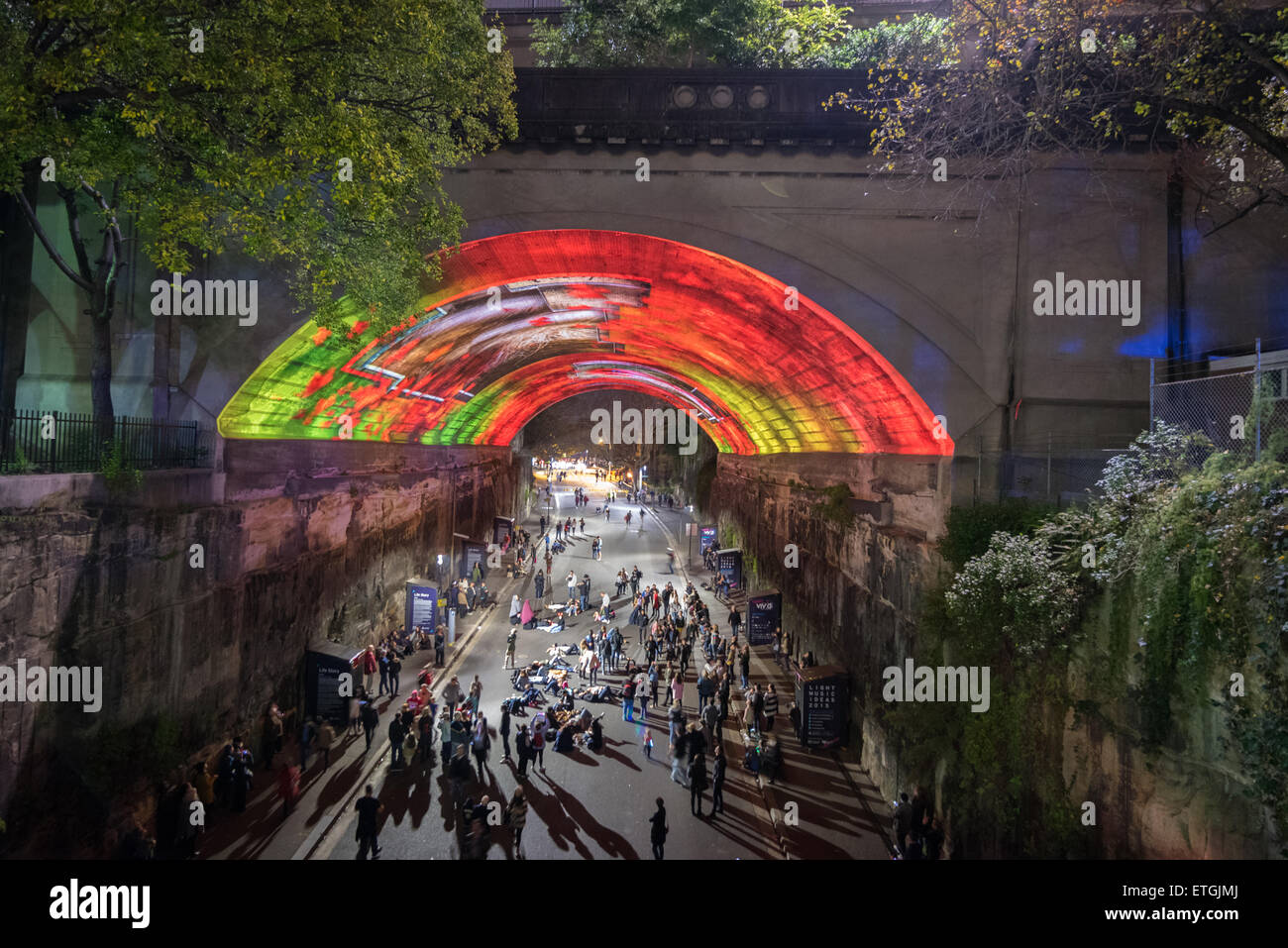 Vivid Sydney 2015 Argyle Cut used as a backdrop for a David ...