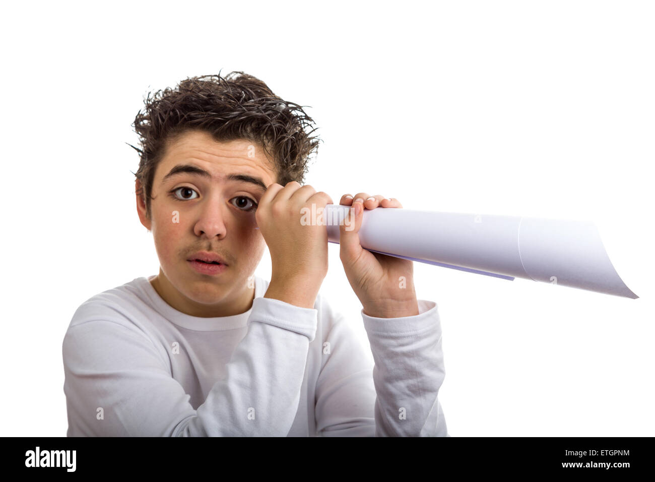 Cute caucasian boy with questioning eyes is going to look in a fake ...