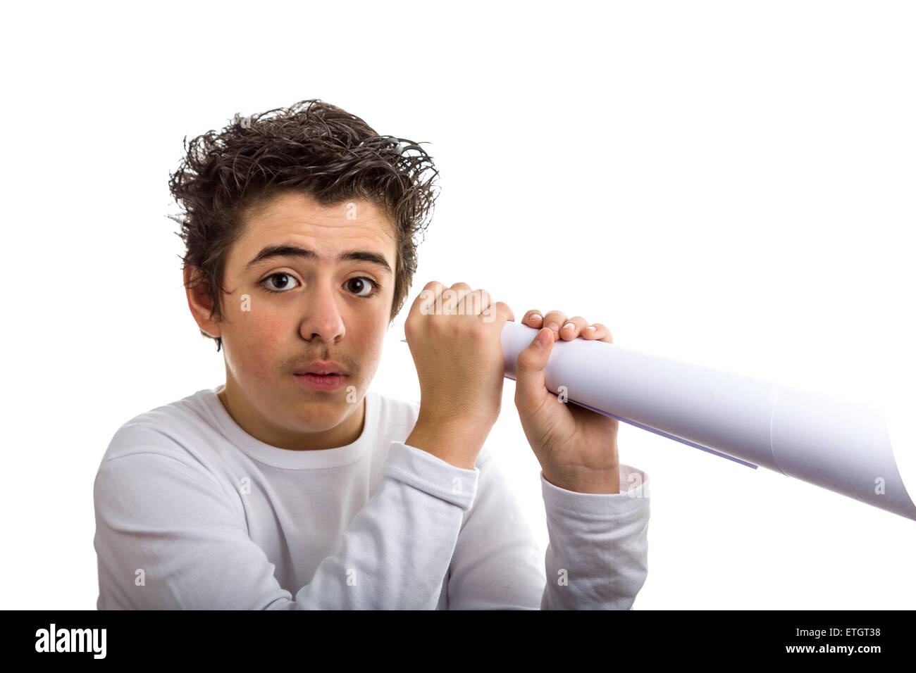 Cute caucasian boy with questioning eyes is going to look in a fake ...