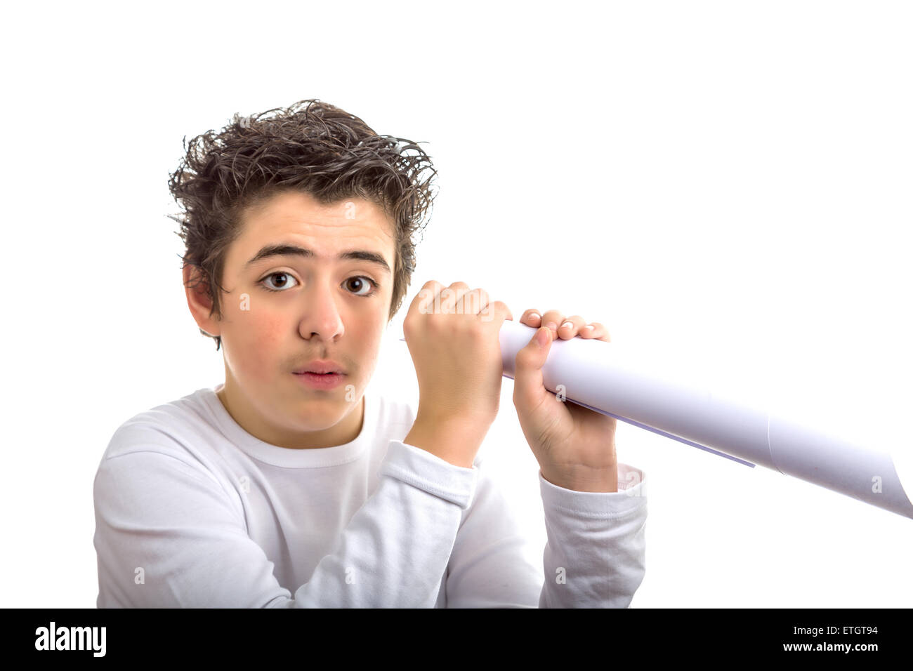 Cute caucasian boy with questioning eyes is going to look in a fake ...