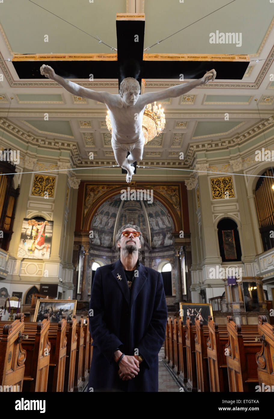 A Life sized sculpture depicting singer Pete Doherty on a crucifix ...
