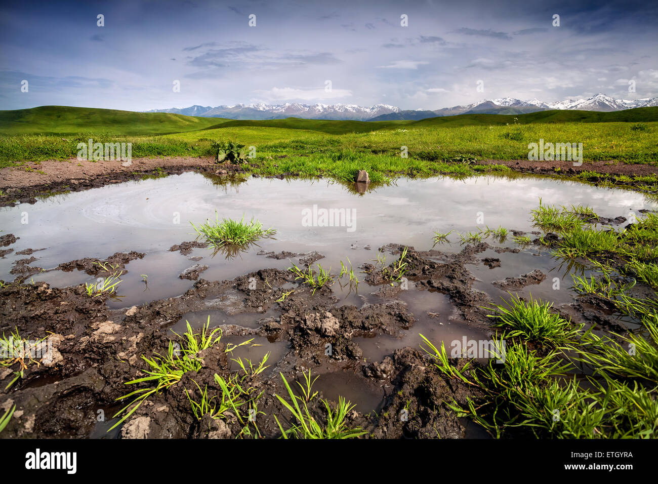 Pond, Grass Field and mountains in Ushkonyr near Chemolgan, Kazakhstan ...