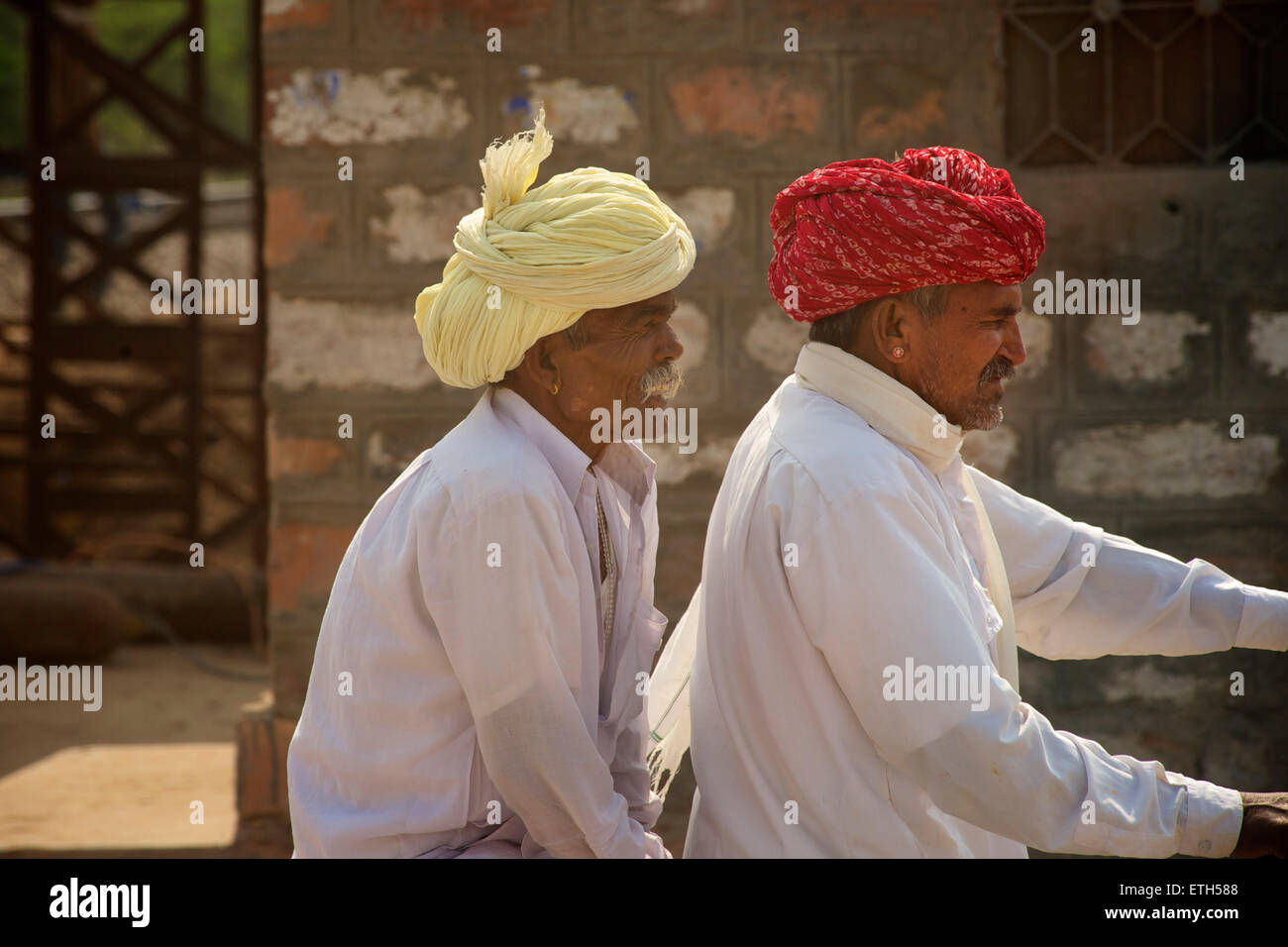 Rajasthani men in traditional white attire and colourful turbans ...