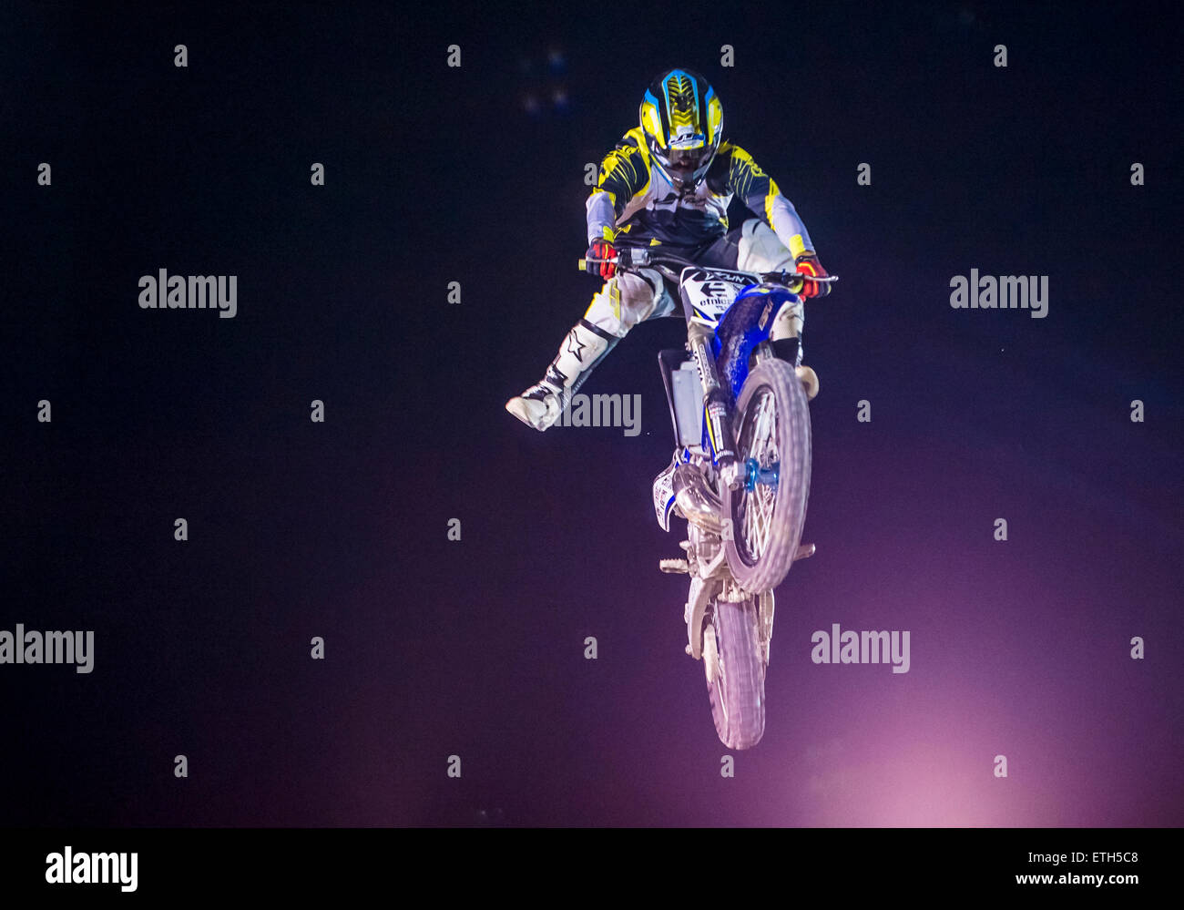 unidentified rider giving FMX motocross demonstration as part of the ...