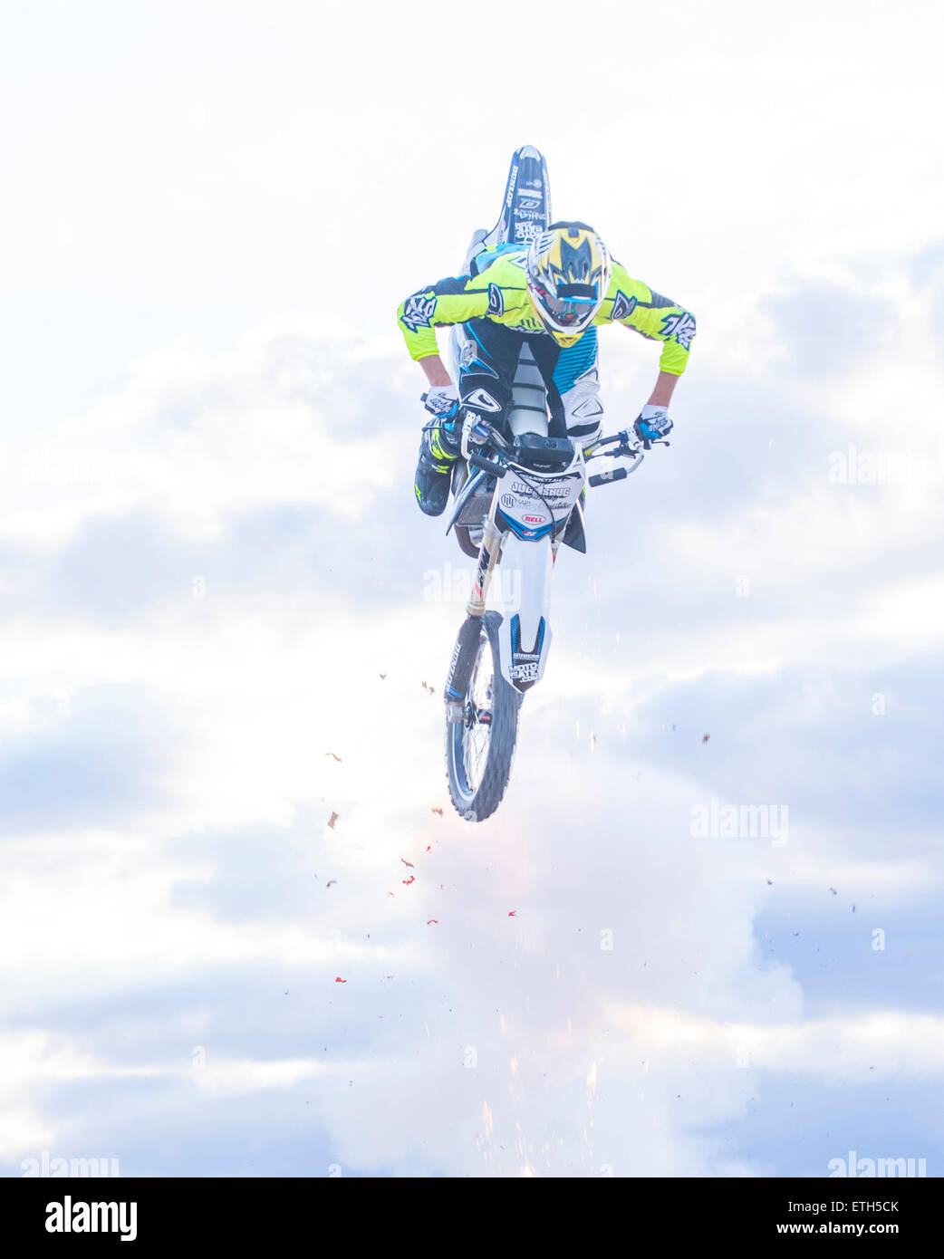 unidentified rider giving FMX motocross demonstration as part of the ...