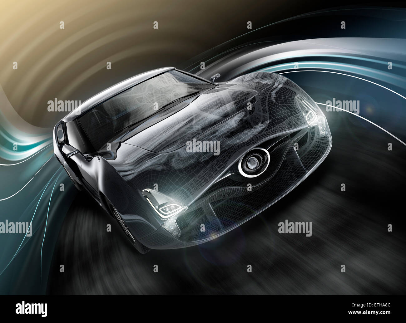 Front view of black sports car. Wire frame texture combined. 3D ...