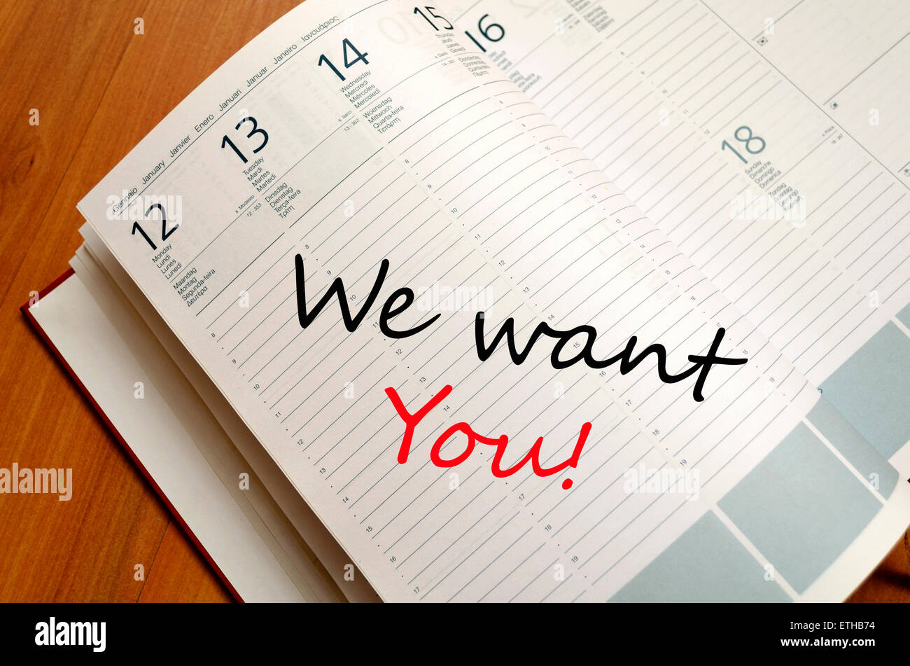 Business Notepad on wooden table We want you concept Stock Photo - Alamy