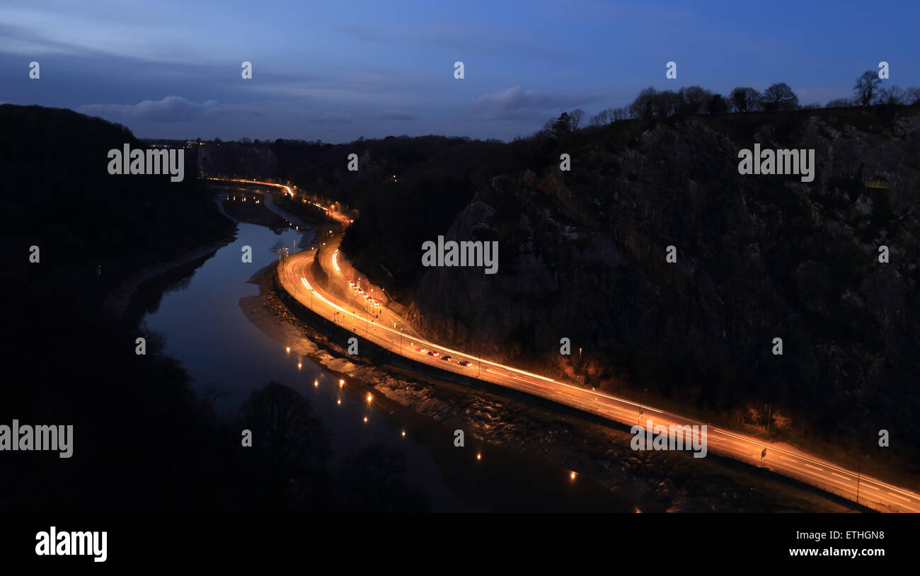 Avon Gorge at night with light trails from the traffic showing a slow ...