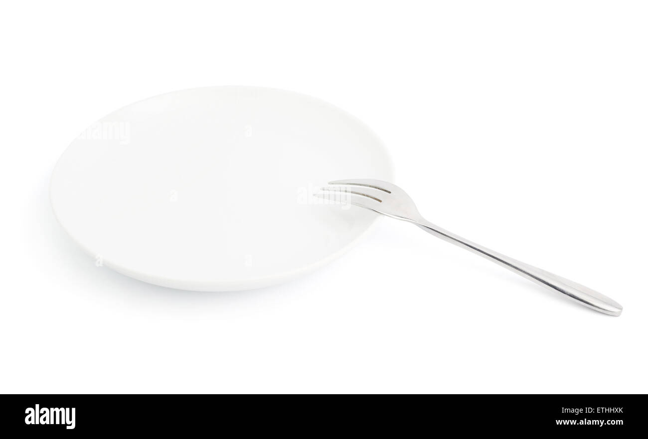 Knife and fork over the plate isolated Stock Photo - Alamy