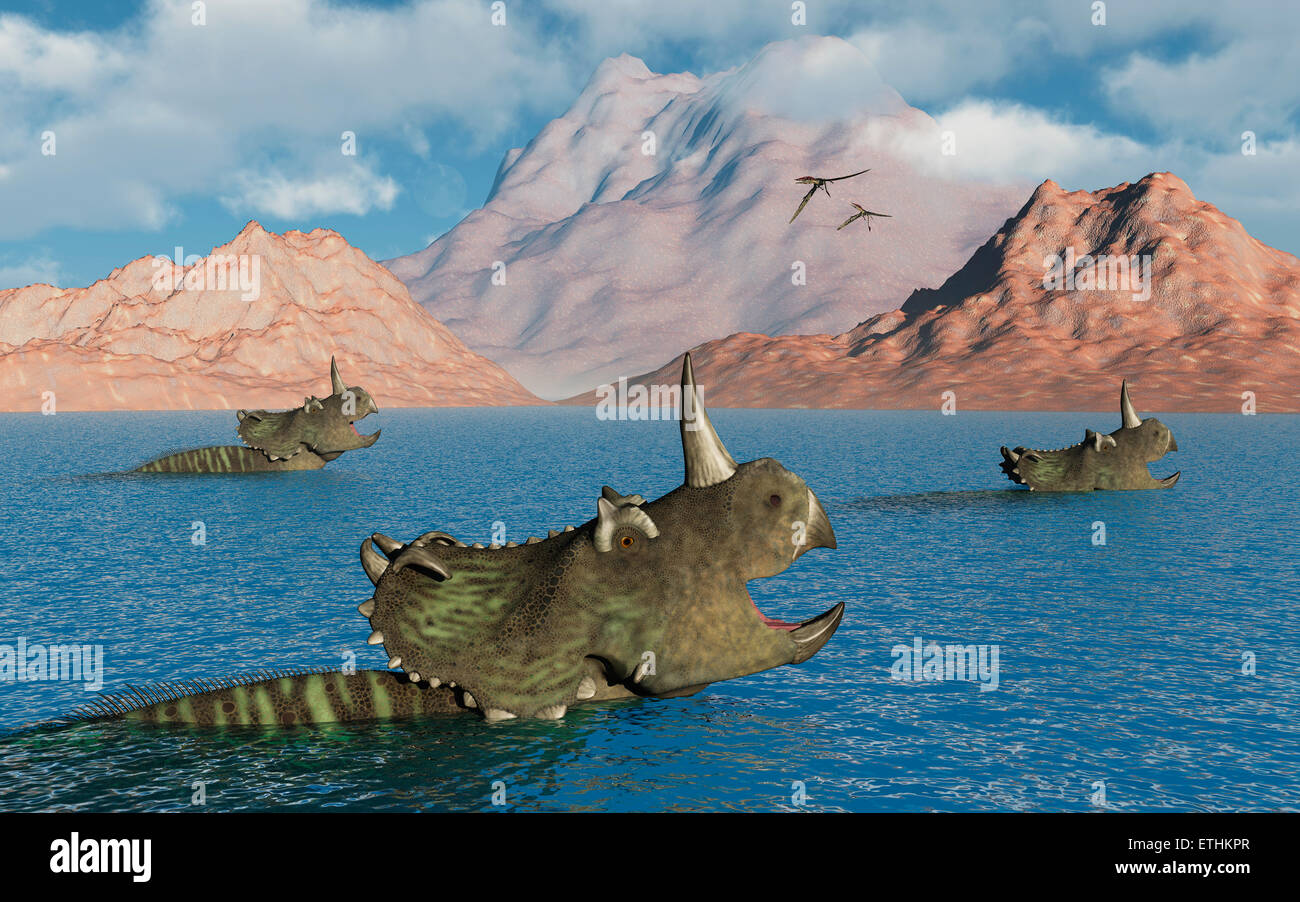 Centrosaurus Dinosaurs Crossing A River Stock Photo - Alamy
