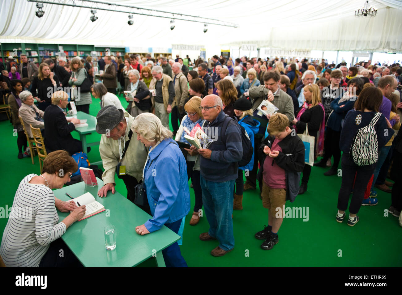 Pam Ayers poet & author book signing with fans in bookshop at Hay ...