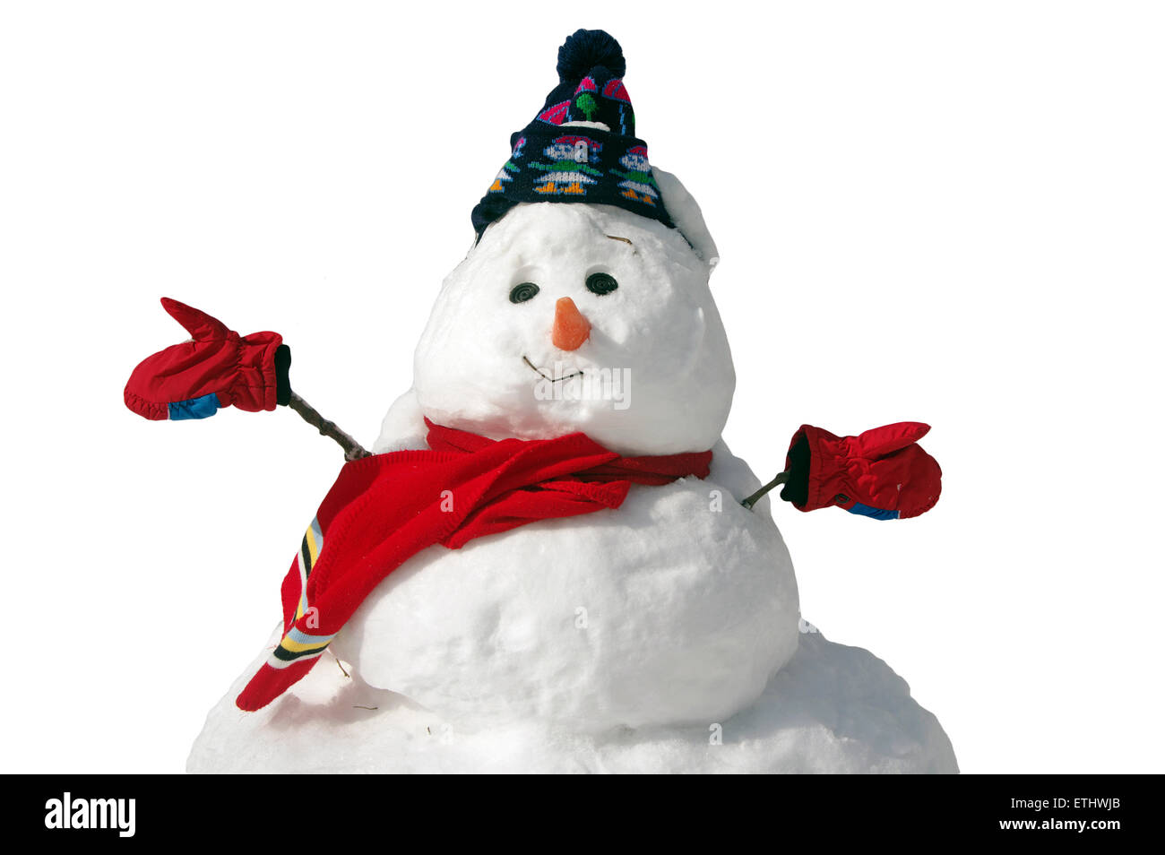 Happy snowman in mittens and hat and scarf Stock Photo - Alamy