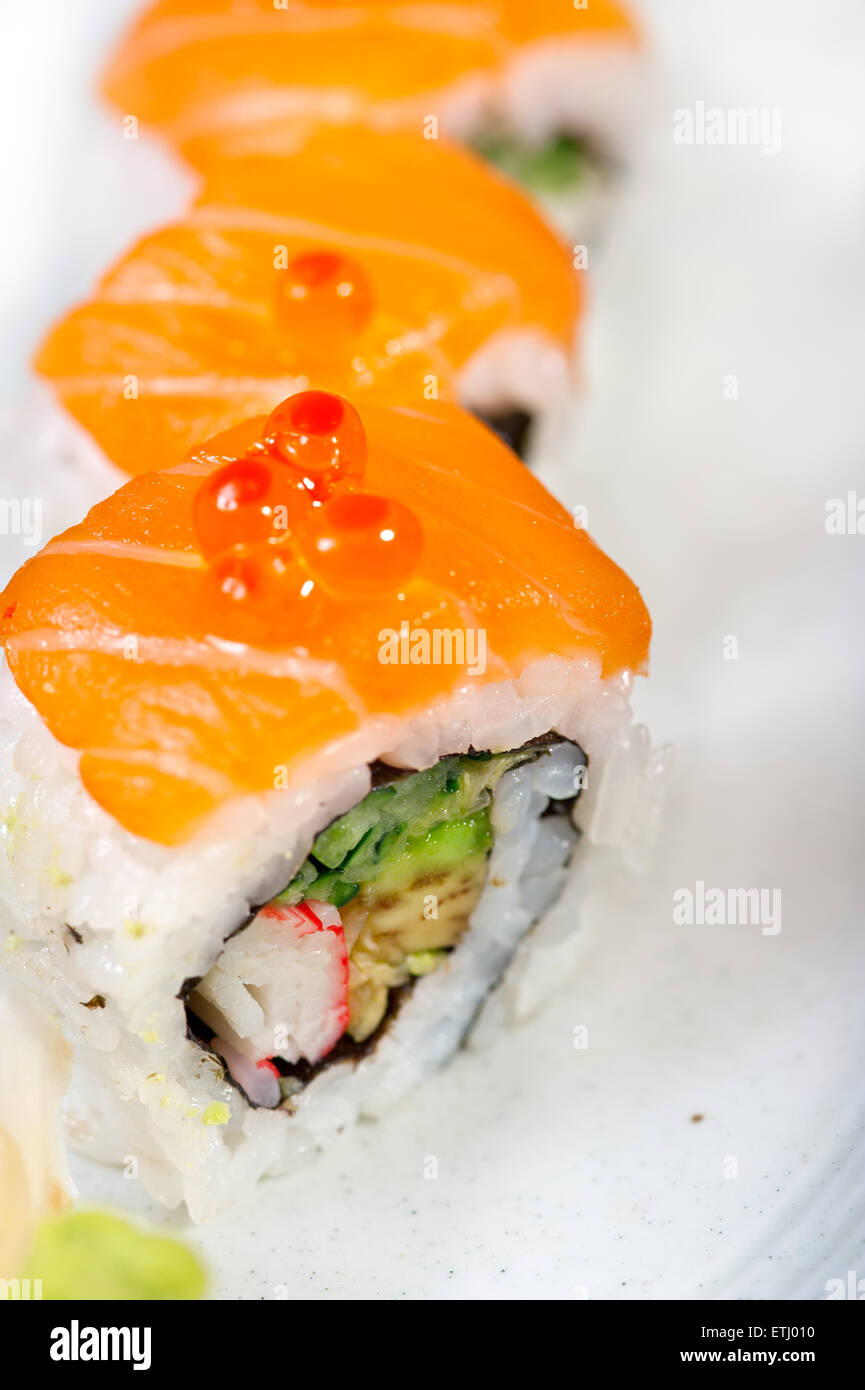 macro closeup of fresh sushi choice combination assortment selection ...