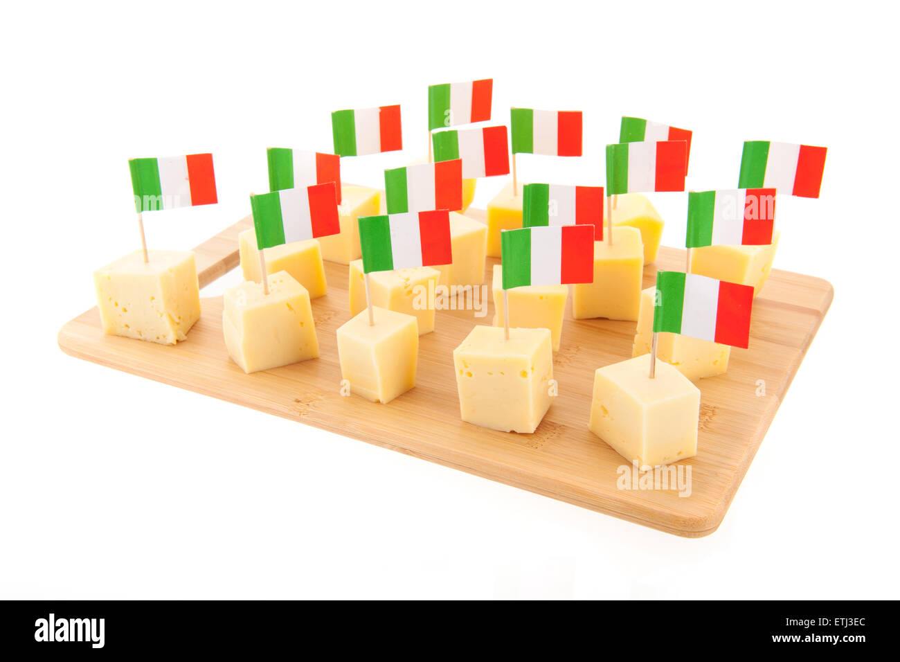 Tray with Italian cheese cubes with flags Stock Photo - Alamy