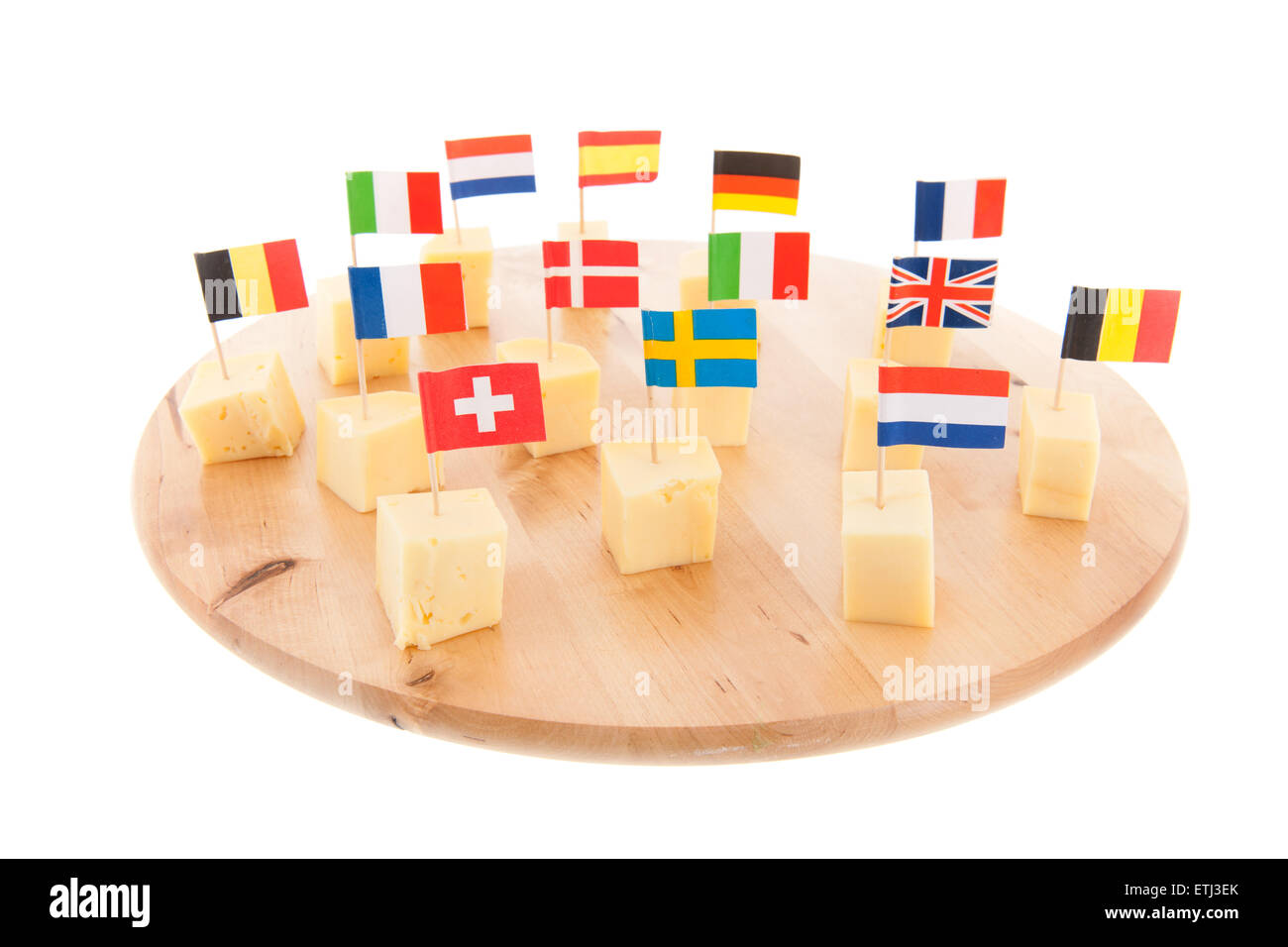 Tray with European cheese cubes with flags Stock Photo - Alamy