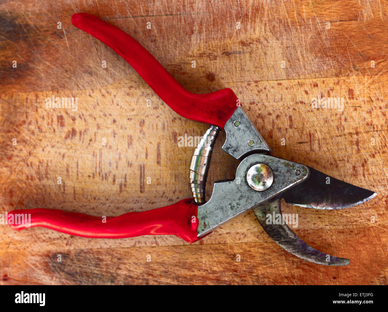 Worn pruning shears on rough wooden table Stock Photo - Alamy