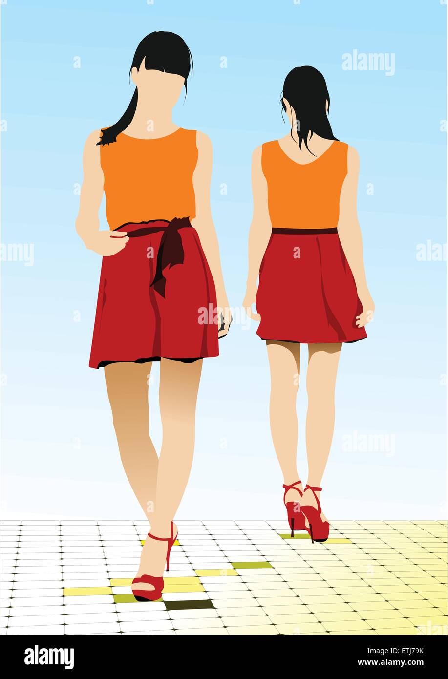 Two girls walking along the street. Colored Vector illustration Stock ...