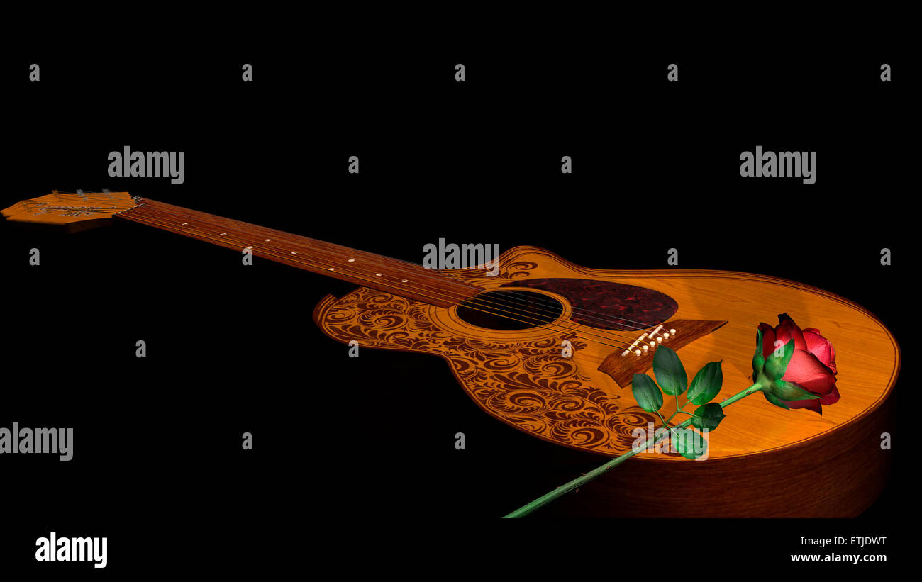 Acoustic classical guitar with red rose on black background Stock Photo ...