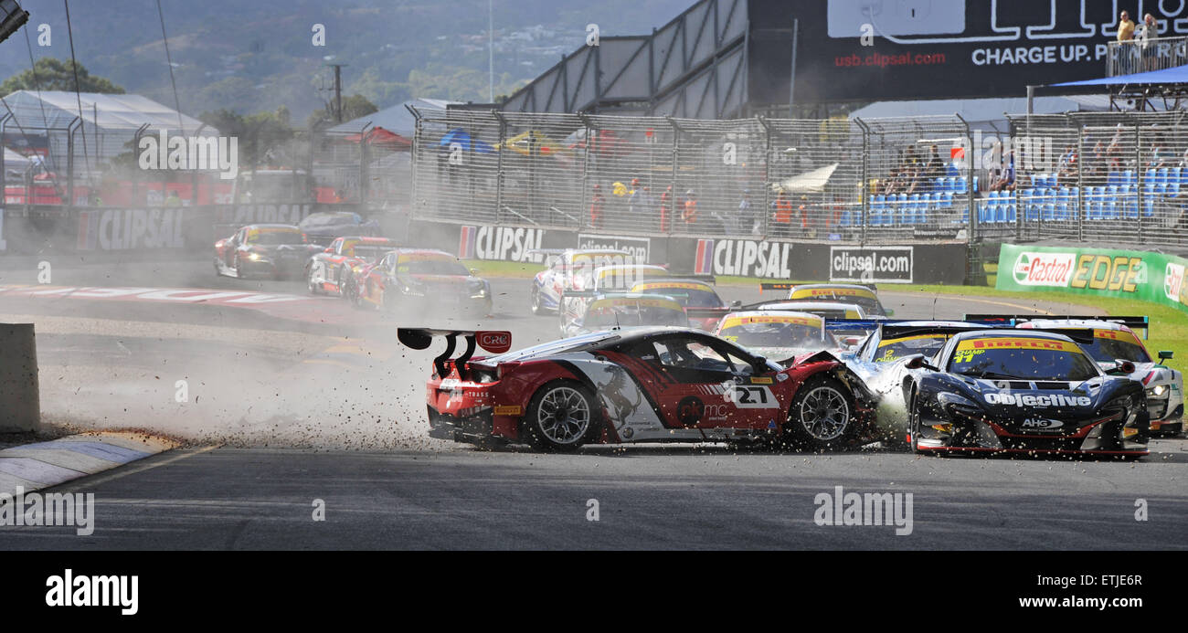 Paul Kelly's Ferrari 458 GT3 hits the wall hard at the Senna Chicane ...