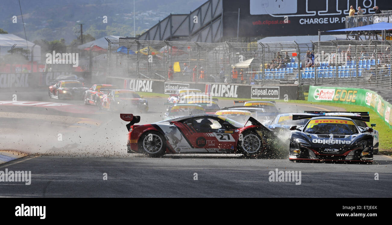 Paul Kelly's Ferrari 458 GT3 hits the wall hard at the Senna Chicane ...