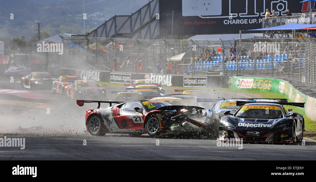 Paul Kelly's Ferrari 458 GT3 hits the wall hard at the Senna Chicane ...