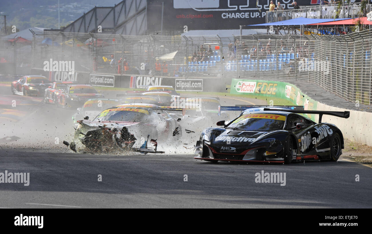 Paul Kelly's Ferrari 458 GT3 hits the wall hard at the Senna Chicane ...