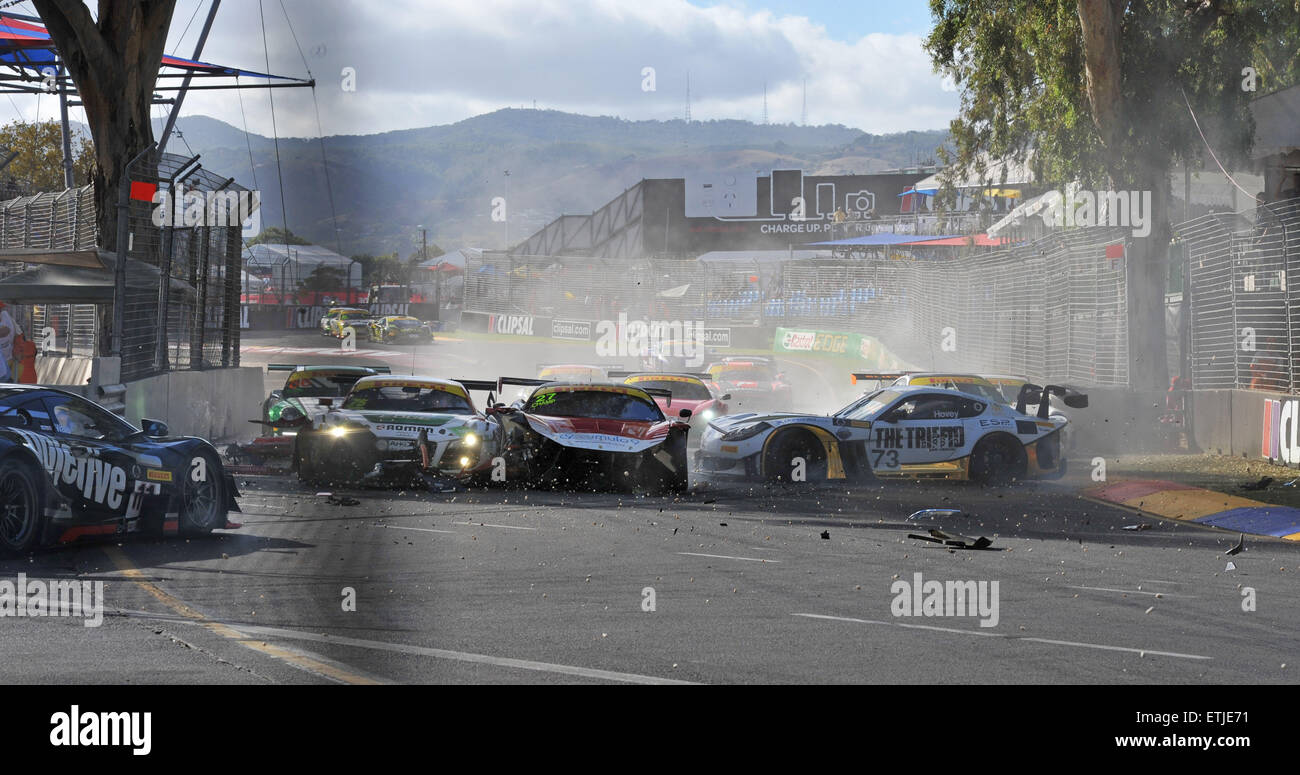 Paul Kelly's Ferrari 458 GT3 hits the wall hard at the Senna Chicane ...